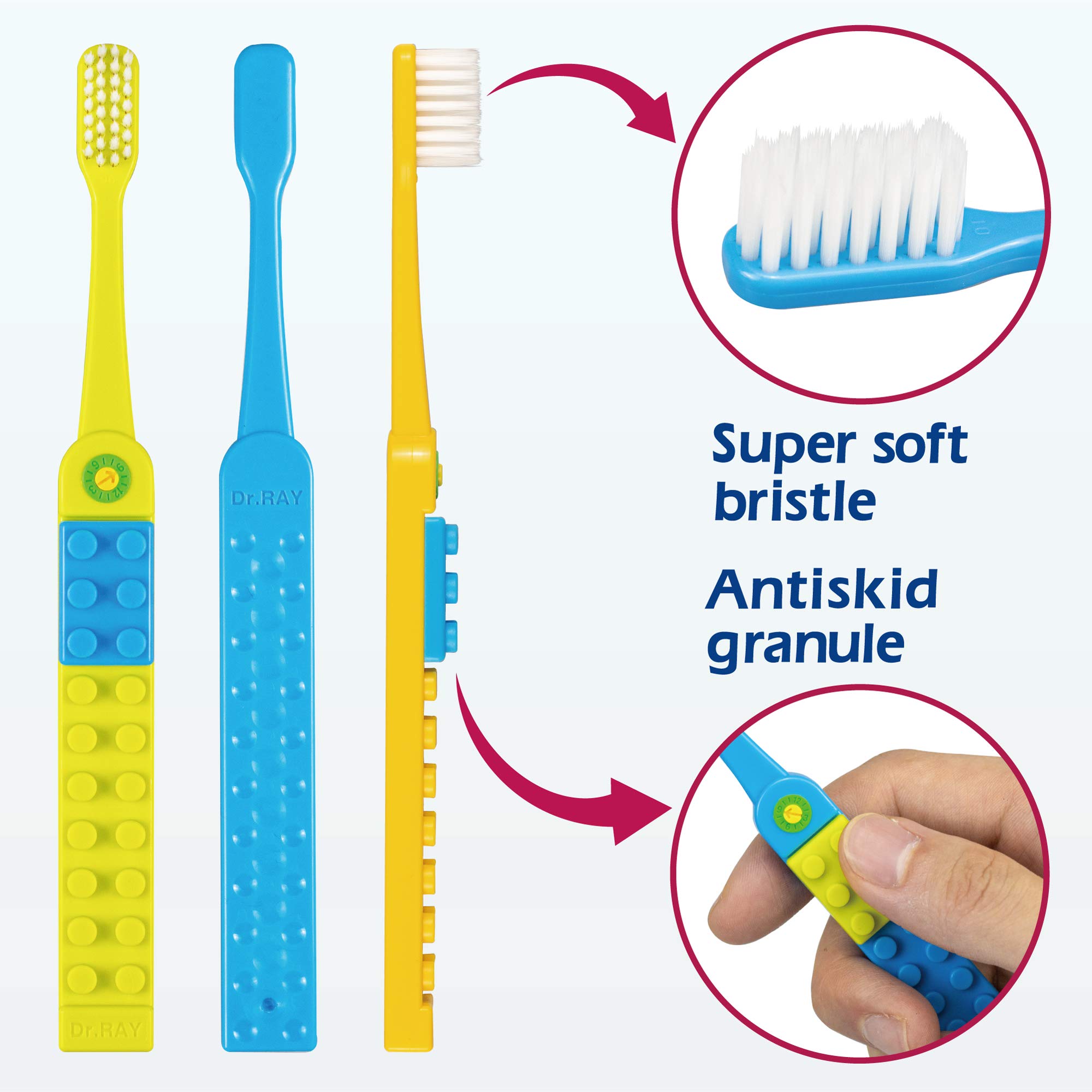 Dr.RAY Kids Toothbrush with Building Blocks and Toothbrush Covers, Extra Soft, Ages 6+ (Pack of 3, Multi-Colored)