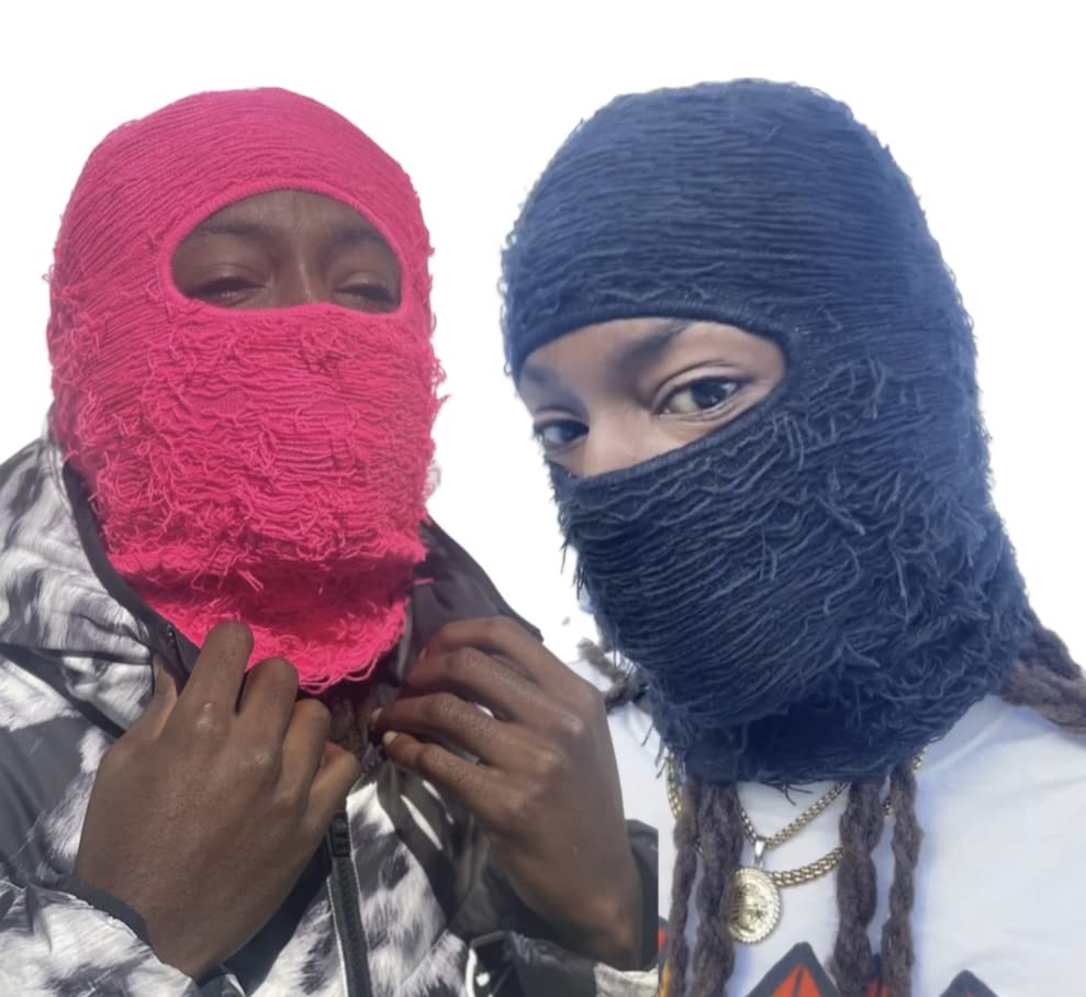 2 Pcs Balaclava Distressed Knitted Full Face Ski Mask Windproof Black and Pink for Men and Women One Size Fits All