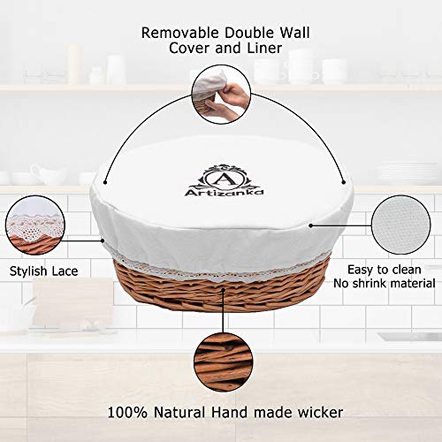 Large Bread Basket for Serving Set - 12x9β Wicker Basket with Removable Liner and Cover Bread Storage and Bread Serving Basket for Homemade Sourdough Bread. Pantry and Fruit Basket by Artizanka