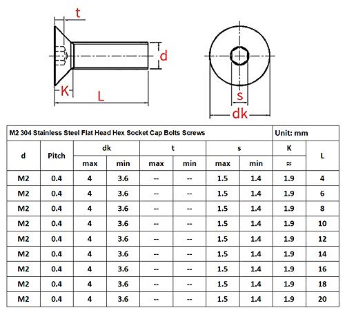Guard4U 300Pcs Metric M2 304 Stainless Steel Flat/Countersunk Head Hex Socket Cap Bolts Screws Nuts Assortment Kit- M2x 4mm/ 6mm/ 8mm/ 10mm/ 12mm/ 14mm/ 16mm/ 18mm/ 20mm