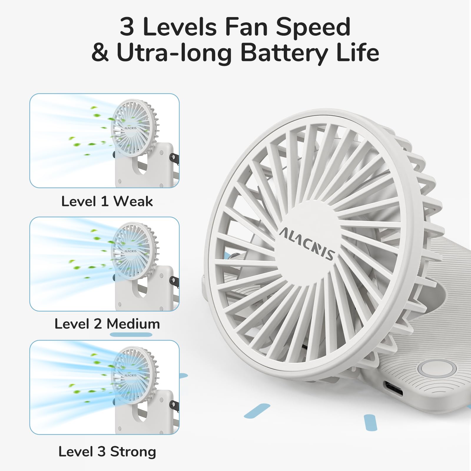 ALACRIS Portable Hanging Neck Fan, Wearable Personal Fan with Adjustable Lanyard, 3 Speeds Rechargeable Mini Handheld Personal Fan for Home Office Outdoor Travel