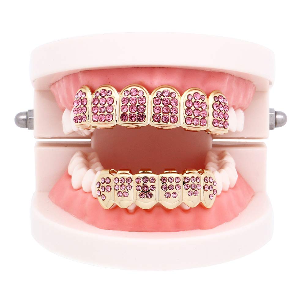 18K Gold Plated Iced Out CZ with Red Blue Pink Diamond Top and Bottom Grills for Your Teeth Men Women Hip Hop Jewelry