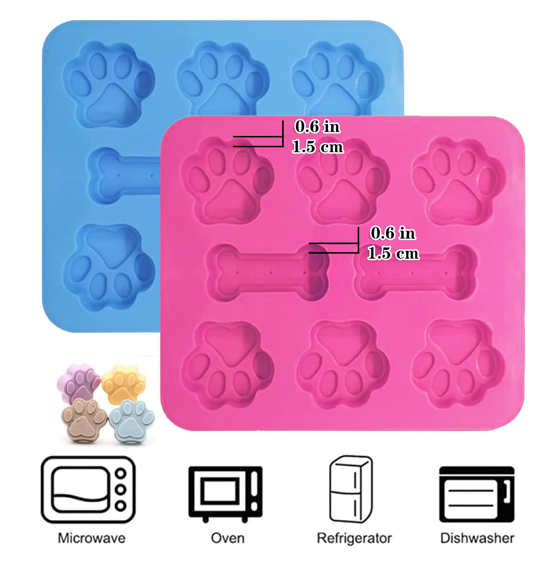 2 in 1 Silicone Molds,2 Pack Silicone Puppy Paw Print & Dog Bone Shaped Molds ,with 3 Packs Stainless Steel Bone Cookie Cutter-Blue&Pink-Set of 5