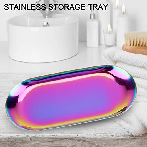 Storage Tray-Nordic Style Stainless Cosmetics Jewelry Cake Plate for Office Desks(L-Rainbow)