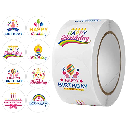 500 Pieces/Roll Happy Birthday Stickers Round Adhesive Birthday Tag Label Stickers Invitations Envelope Sealing Stickers Personalized Happy Birthday Stickers for Balloons Cards envelopes Adults Kids