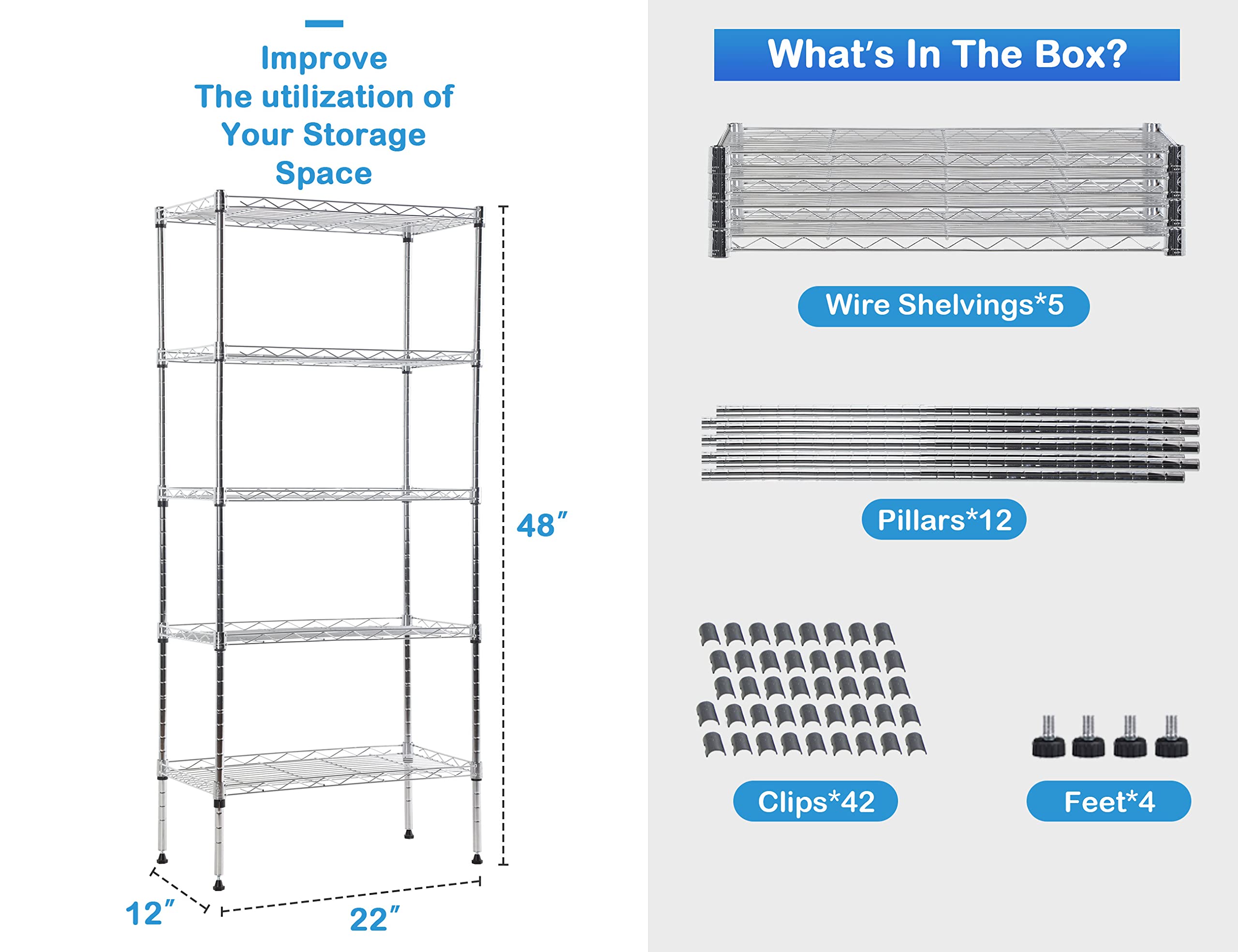 5-Tier Metal Wire Shelving Unit Kitchen Shelf Organizer Kitchen Storage Rack Utility Shelf Snack Shelf, NSF Certified Storage Shelves for Storage, Garage Shelving Storage Shelf Pantry Shelves