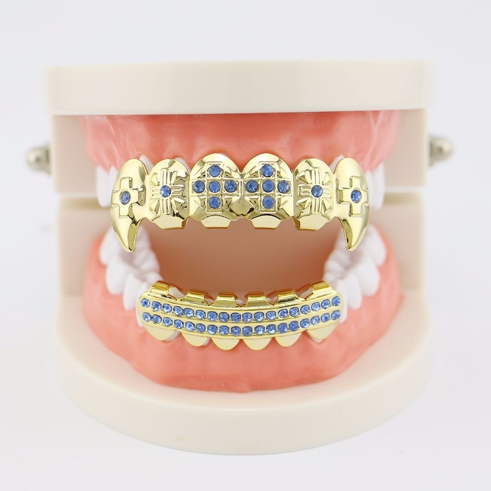 18K Gold Plated Hip Hop Grillz CZ Top and Bottom Grills for Your Teeth with Red Diamond