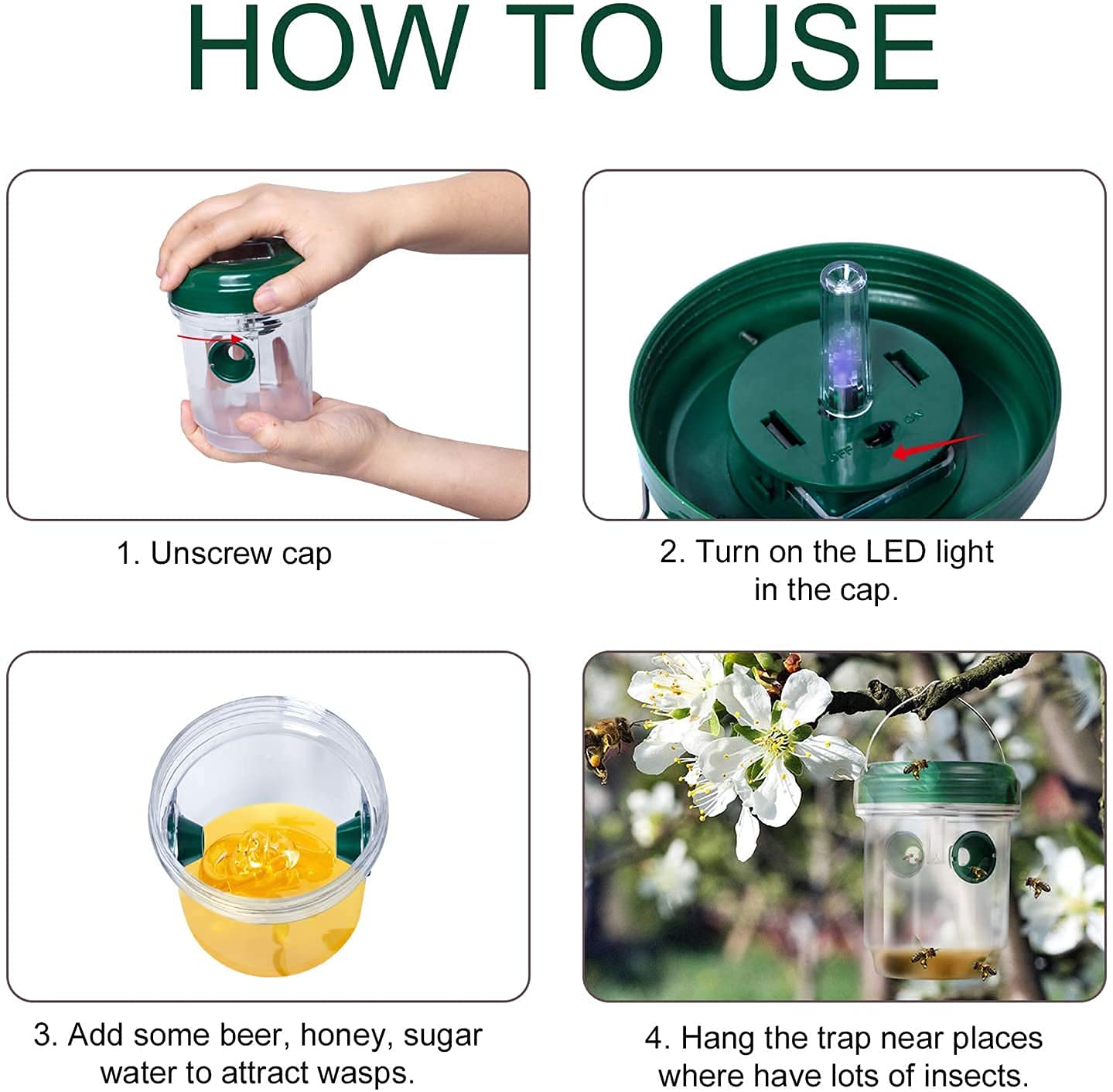 2 Pack Wasp Traps Outdoor Hanging, Carpenter Bee Traps for Outside, Yellow Jacket Trap Solar Powered Wasp Killer with UV LED Light, Bee Catcher Traps, Hornet Traps