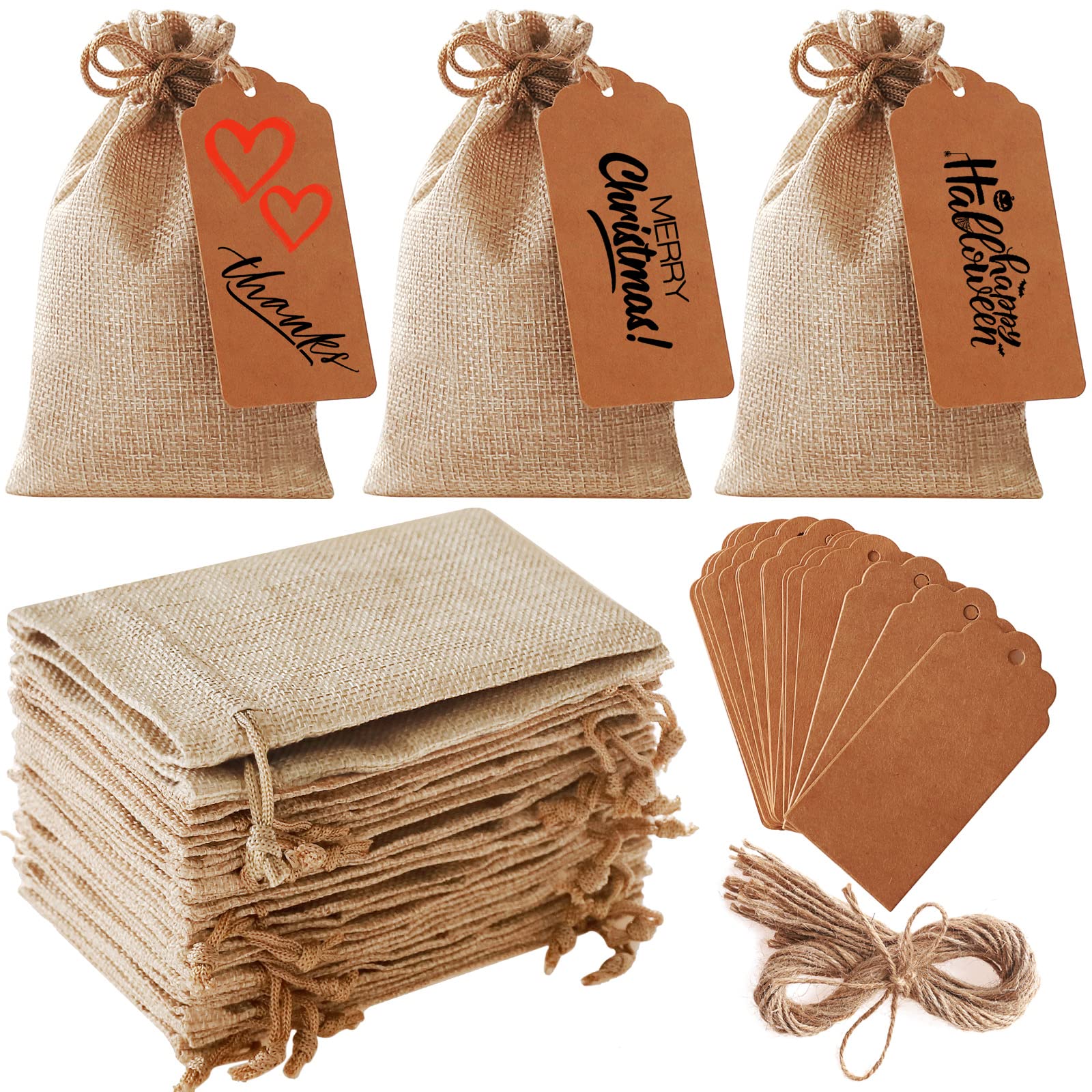 25PCS Burlap Gift Bags With Drawstring, 4X6" Burlap Gift Bags and Gift Tags, Wedding Hessian Linen Sacks Bag, Jewelry Pouches Burlap Bags, Gift Bags for Birthday, Party, Present, Wedding Favors, Art