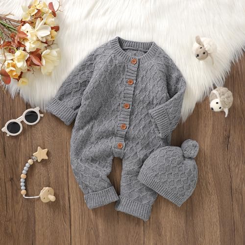 Hadetoto Newborn Baby Sweater Romper Knit Outfits Long Sleeve Jumpsuit with Warm Hat for Infant Boy Girl