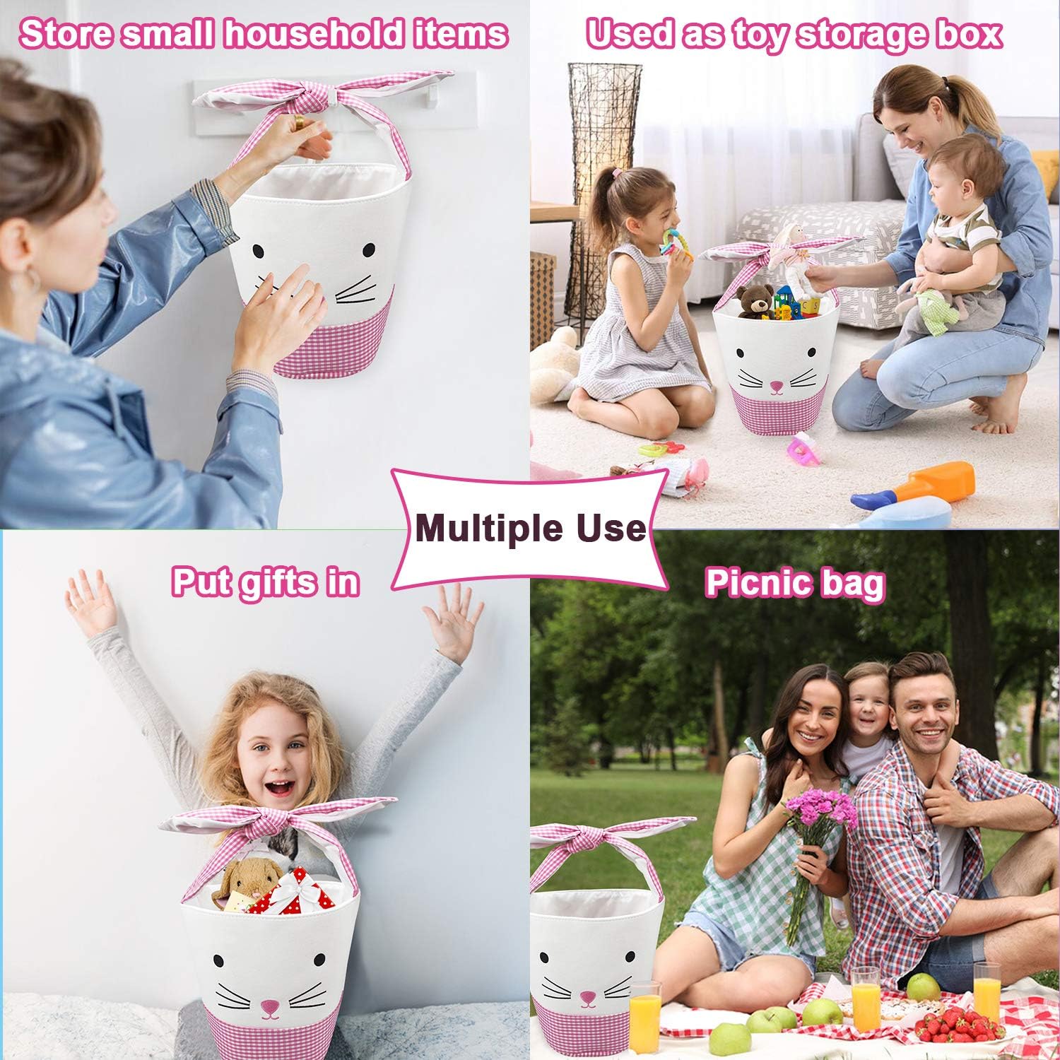 Leesgel Bunny Easter Basket for kids, Easter Basket for Girls Boys Easter Baskets with Handle Easter Bucket Gift Baskets for Kids Easter Basket Bags Party Favors for Kids (Pink)