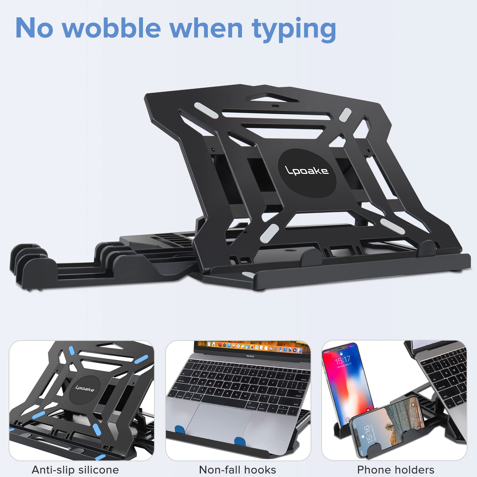 𝐋𝐩𝐨𝐚𝐤𝐞 Laptop Stand for Desk, Tablet Stand Holder, Adjustable Computer Stand for Laptop with 2 Phone Holders 8 Viewing Angles Compatible for 8"-18" iPad Laptop Kindle Surface Pro Book E-Reader