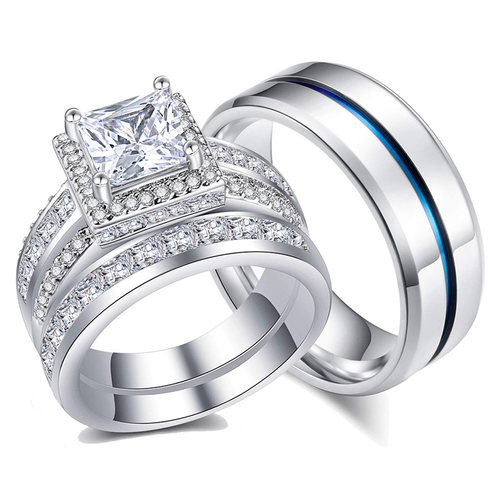 18k Gold Plated Princess Wedding Ring Sets for Him and Her Women Men Titanium Stainless Steel Bands 3.0Ct Cz Couple Rings Size 11&6