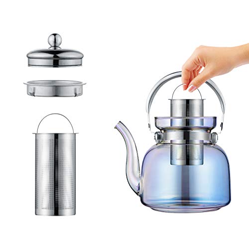 E-liu 50 oz(1500ml) Glass Teapot Kettle with Lid, Removable Stainless Steel Infuser and Handle, Stovetop Safe Tea Maker for Blooming and Loose Leaf Tea(Iridescent)