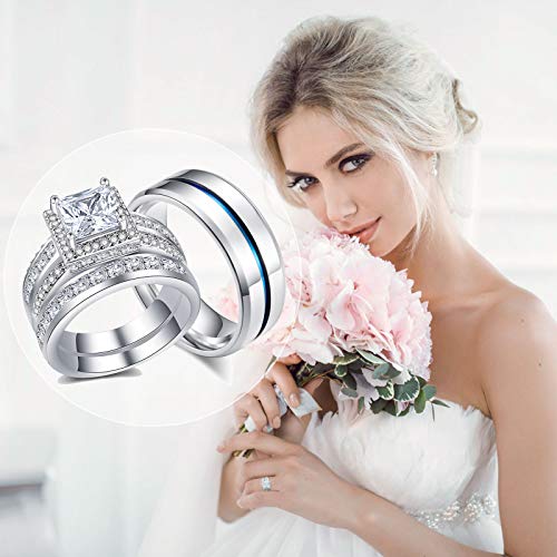 18k Gold Plated Princess Wedding Ring Sets for Him and Her Women Men Titanium Stainless Steel Bands 3.0Ct Cz Couple Rings Size 10&8