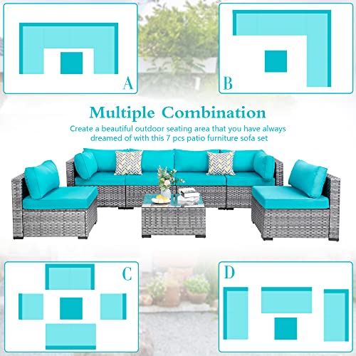 Shintenchi 7 Pieces Outdoor Patio Sectional Sofa Couch, Silver Gray PE Wicker Furniture Conversation Sets with Washable Cushions & Glass Coffee Table for Garden, Poolside, Backyard (Sky Blue)