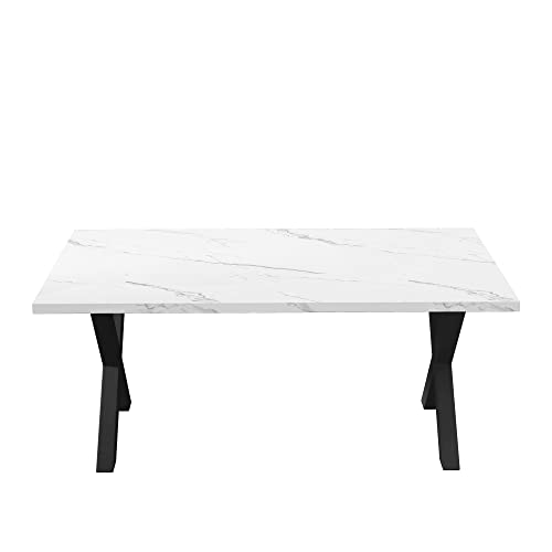 70.87" Faux Marble Dining Table, Modern Rectangular Dining Table with Printed Marble Table Top and X-Shape Stainless Steel Table Leg/Metal Base for Kitchen & Dining Room(White Top+ Black Legs)