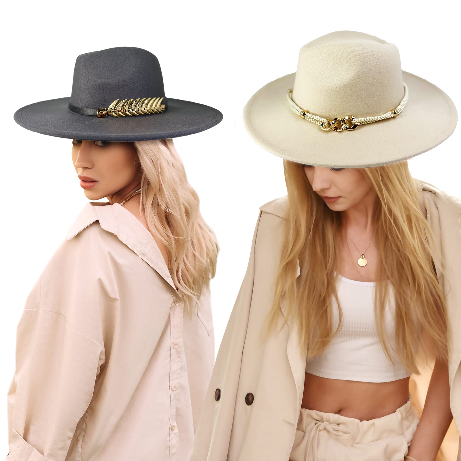 2 Pack Wide Brim Fedora Hats for Women Men, Stylish Felt Fedora Hats for Women Fedora Hats with Belt Felt Panama Hat