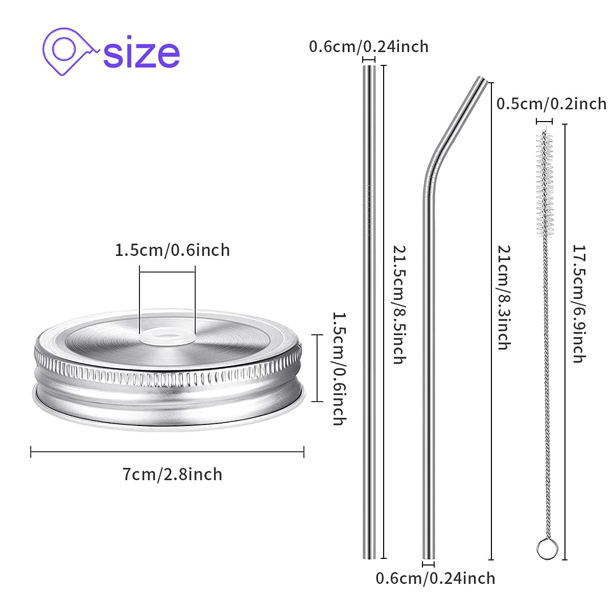 26 PCS Regular Mouth Mason Jar Lids with Straw Hole - 70MM Canning Lids Drinking Jar Lids Tinplate Jar Lids Silver Canning Jar Caps with Silicone Ring/Straws/Cleaning Brush for Drinking Food Storage