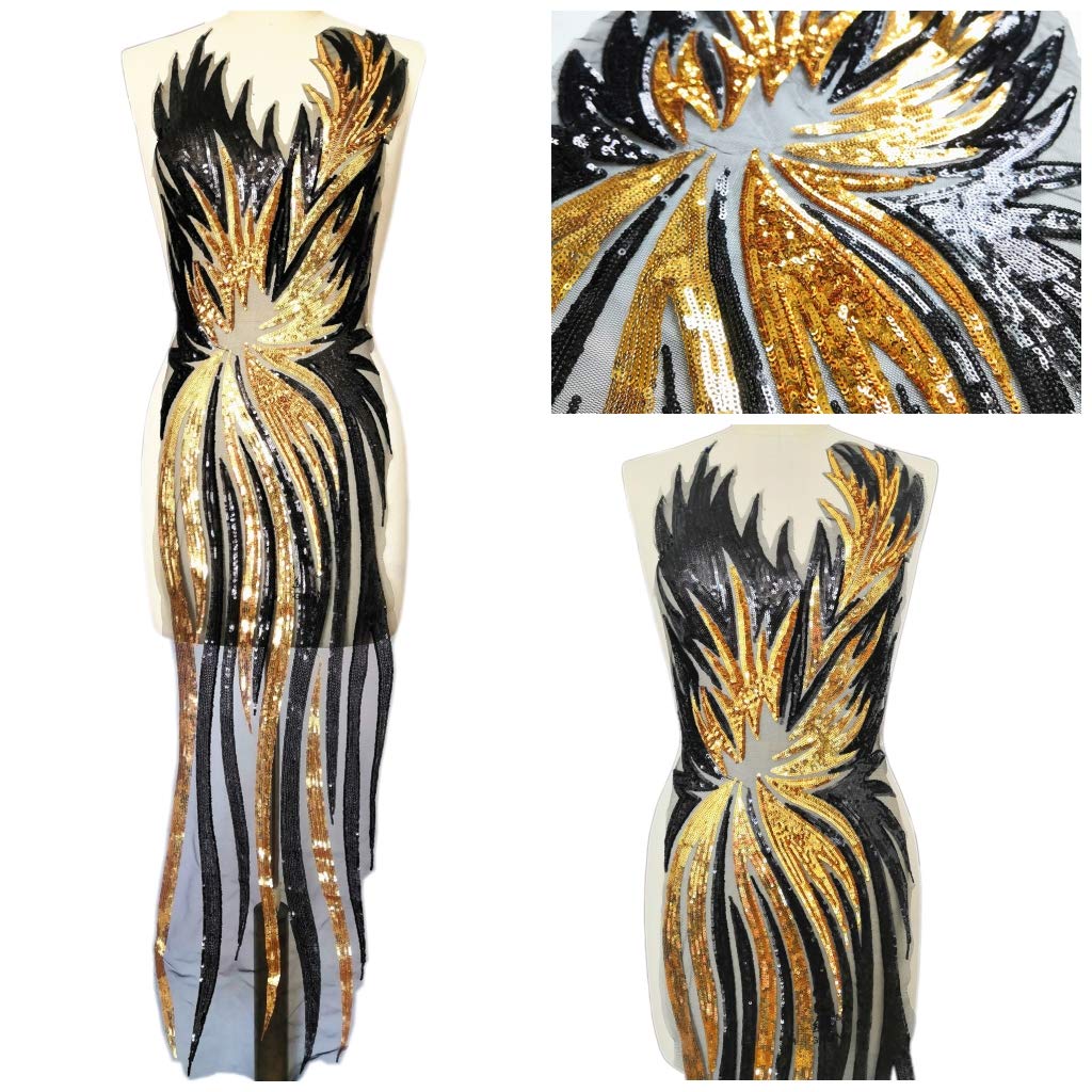 African Sequins Long Appliques Patches Embroidered Nigerian Lace Fabrics French Tulle for Women Evening Clothes Prom Dresses(Black and Gold, 1 Piece(30x130cm))