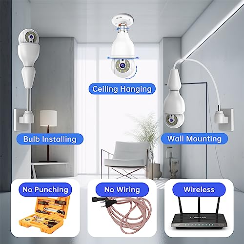 2K HD Light-Bulb Security Camera, Wireless 2.4G&5Ghz Wifi, Work With NVR & 3rd Party Software, RTSP Stream, Work With Alexa, 360° View, Auto Tracking, 2 Way Audio, Motion Detection, Remote View