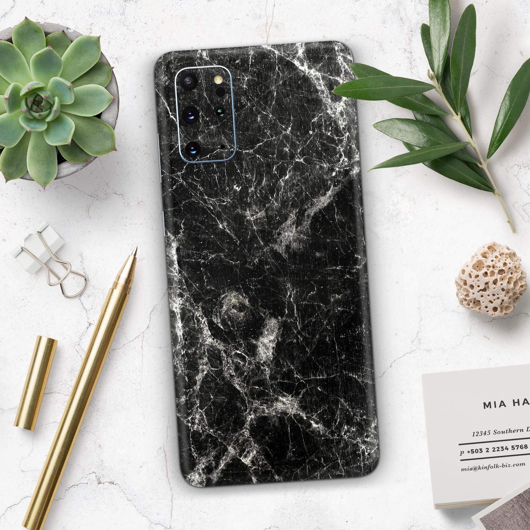 DesignSkinz Black Scratched Marble 2 Protective Vinyl Decal Wrap Skin Cover Compatible with The Samsung Galaxy S20 (Screen Trim & Back Glass Skin)