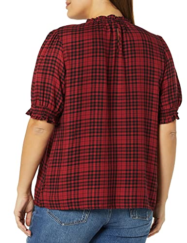 Amazon Essentials Women's Fluid Twill Short Puff Sleeve Smock Detail Shirt, Red/Black, Medium Plaid, XX-Large