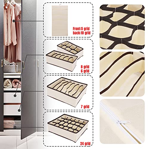 5pcs Underwear Drawer Organizers Divider Foldable Cabinet Closet Hanging Bag, Wardrobe Storage Box for Clothes, Socks, Ties, Belts(Beige)