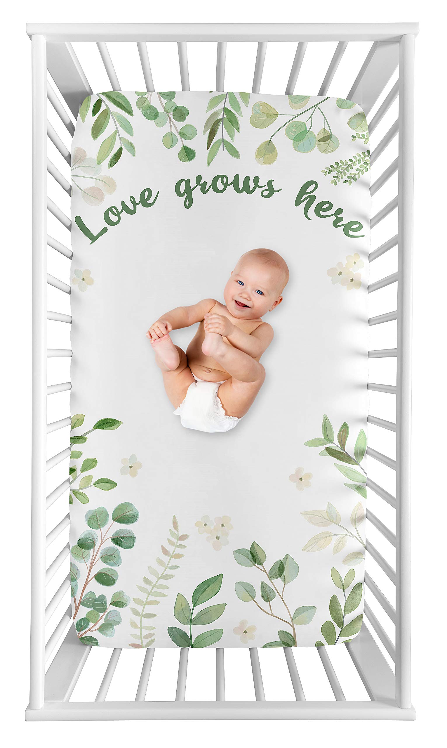 Sweet Jojo Designs Floral Leaf Girl Fitted Crib Sheet Baby or Toddler Bed Nursery Photo Op - Green and White Boho Watercolor Botanical Woodland Tropical Garden Love Grows Here