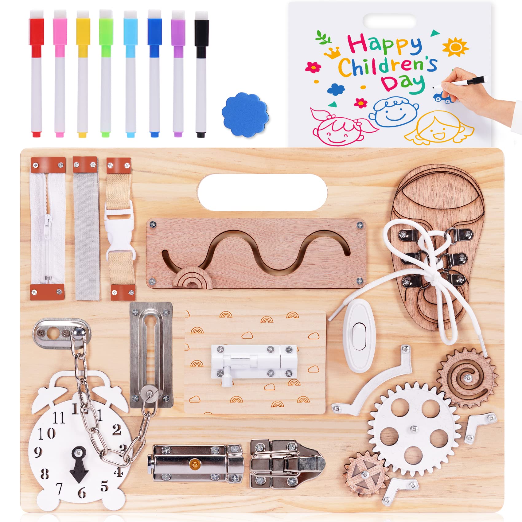 HAN-MM Montessori Busy Board for Toddlers Blackboard with 8 Maker and Eraser Wooden Montessori Toys for Toddlers - Travel Toy with Educational Activities and Fine Motor Skills Activity Buckle Toy