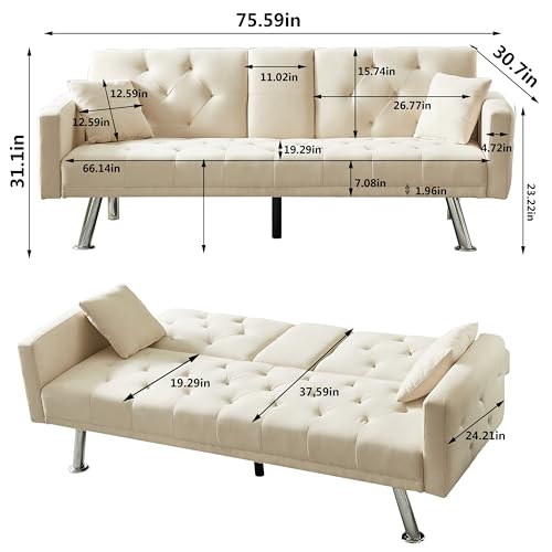3 in 1 Comfy Daybed Loveseat Convertible Sleeper Couch Bed, Linen Tufted Upholstered Futon Love Seat Sofabed W/Drop-Down Cupholders & Metal Legs for Home Office Apartment Compact Space Living Room