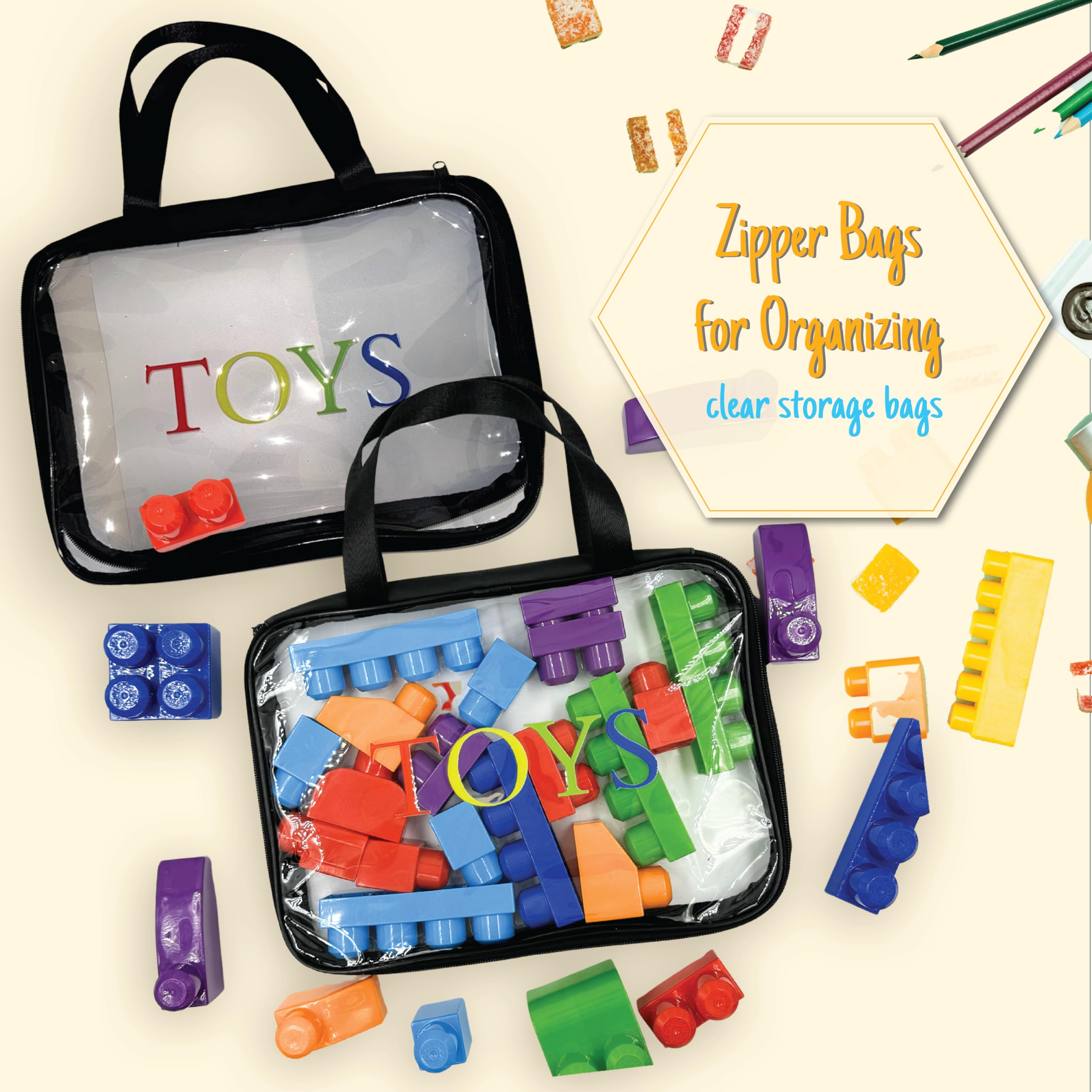 4 Packs Large Toy Storage Bags,Clear PVC Bags with Zipper,Toy Storage Organizer,Waterproof Toy Bags for Board Games, Building Blocks,Leather Material,TOYS design,(Big Size)