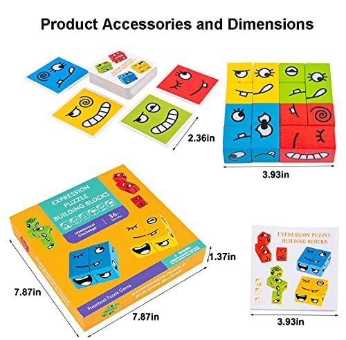 TACY Expressions Matching Wood Blocks Toy Making Emotion Game Challenge Cards for Children's Logical Thinking Intellectual Training Toys Parent-Child Board Game
