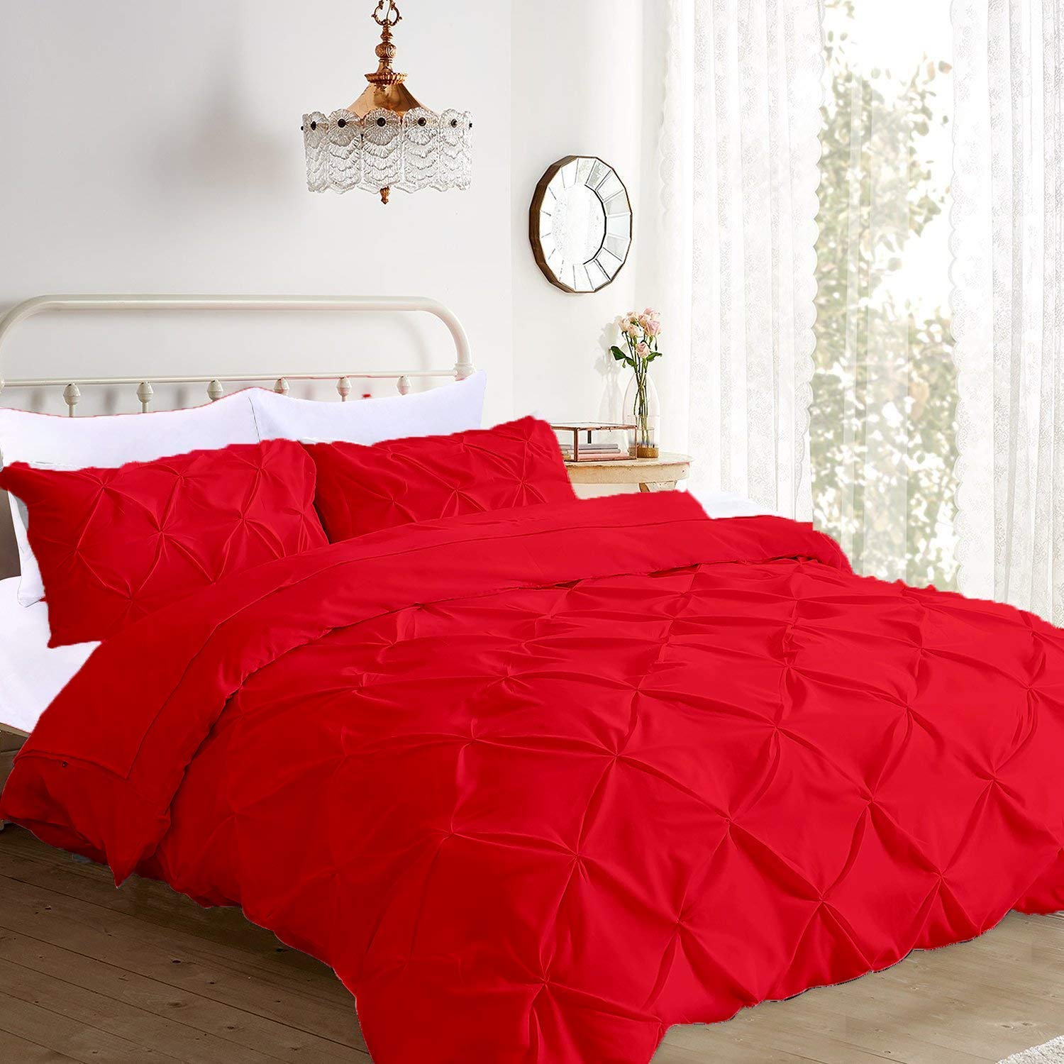 Good Night Bedding Duvet Cover Set - Pinch Pleated 3 Piece Duvet Cover Set 100% Cotton 800 Thread Count with Zipper & Corner Ties Tuffed Pattern Pintuck Decorative (King/Cal King, Red) Duvet Set