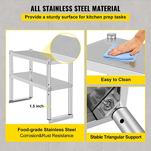 VEVOR Double Overshelf, Double Tier Stainless Steel Overshelf, 30 in. L x 12 in. W Double Deck Overshelf, Height Adjustable Overshelf for Prep & Work Table in Kitchen, Restaurant