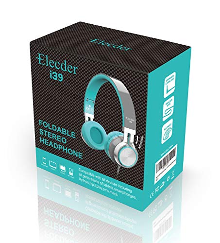 ELECDER i39 Headphones with Microphone Foldable Lightweight Adjustable On Ear Headsets with 3.5mm Jack for Cellphones Computer MP3/4 Kindle School (Mint/Gray)