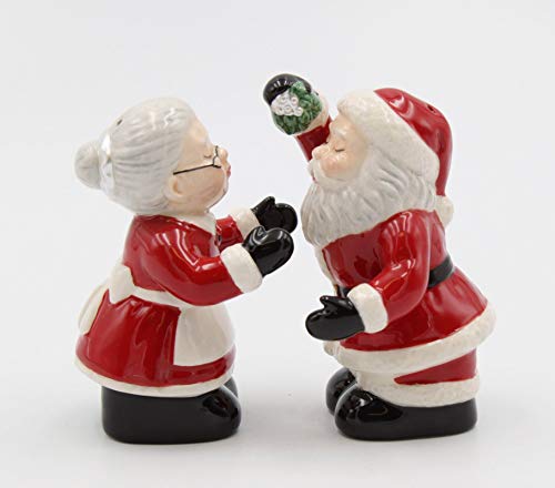 Fine Ceramic Kissing Santa & Mrs. Claus Under the Mistle Salt & Pepper Shakers Set, 3-3/8"