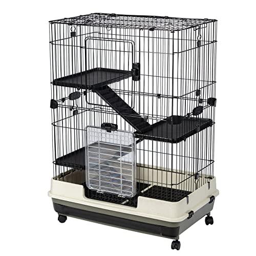 4-Tier 32" Small Animal Metal Cage Height Adjustable with Lockable Casters Grilles Pull-Out Tray for Rabbit Chinchilla Ferret Bunny Guinea Pig Squirrel Hedgehog,Black