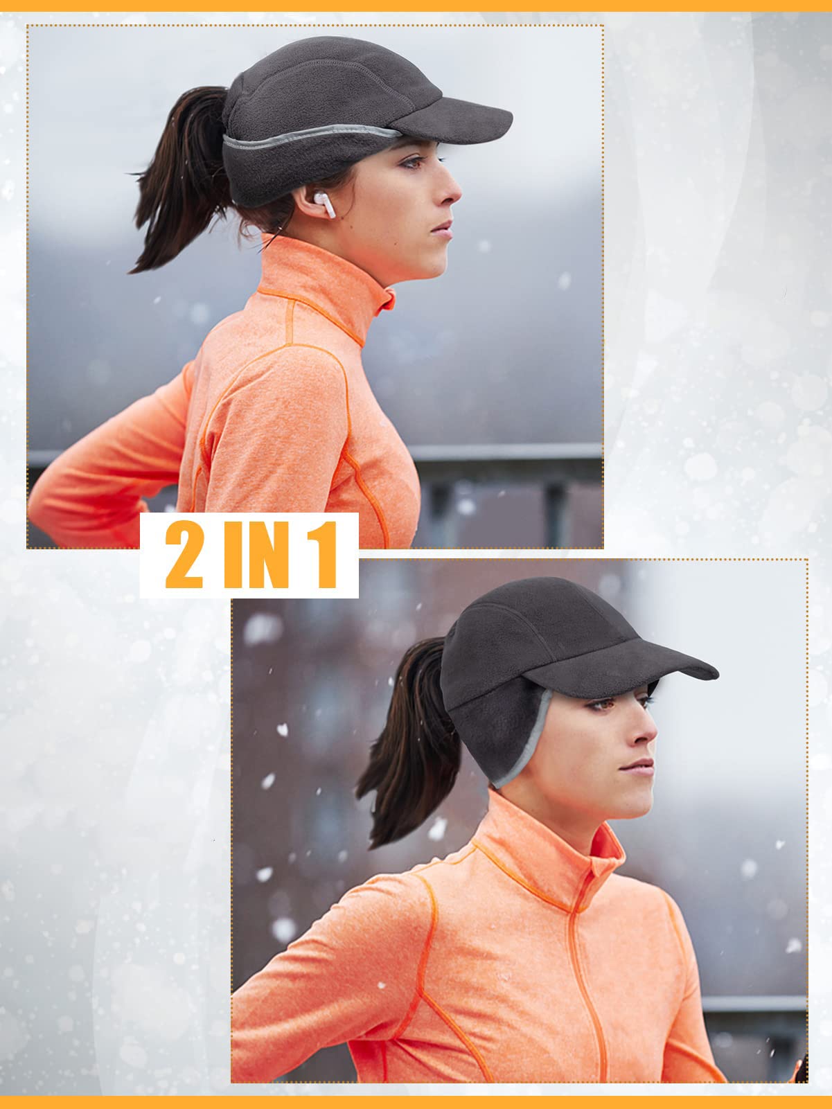 2 PCS Fleece Ponytail Hat, Reflective Women Winter Hats with Drop Down Ear Warmer, Soft Elastic Warm Caps for Outdoor Running Walking Yoga (Dark Grey + Black)