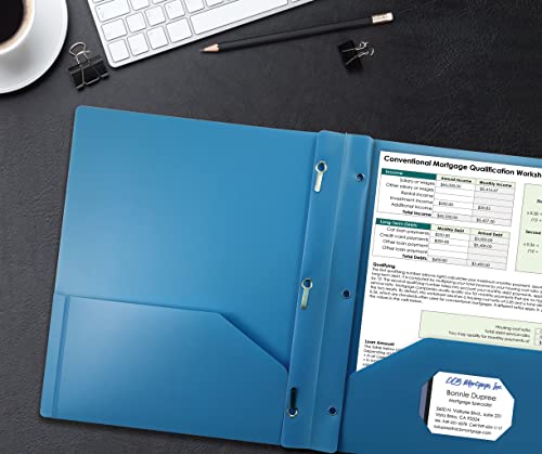 Better Office Products Light Blue Plastic 2 Pocket Folders with Prongs, 24 Pack, Heavyweight, Letter Size Poly Folders with 3 Metal Prongs Fastener Clips, Light Blue