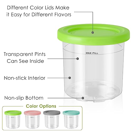 4 Pack Ice Cream Pint Containers, Replacement for Ninja Creami Pints and Lids, Compatible with NC299AMZ & NC300s Series Creami Ice Cream Makers, BPA Free, Dishwasher Safe, Grey/Pink/Green/Lake Blue