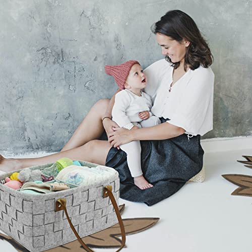 Baby Diaper Caddy Organiser, Woven Felt Large Portable Diaper Bag Organiser Basket for Changing Table, Nursery Storage Bin for Baby Essentials, Car Caddy Travel Organiser, Grey, 40 cm x 20 cm x 28 cm