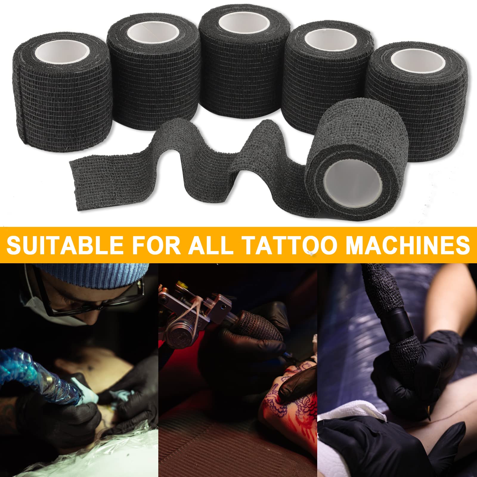 Tattoo Grip Tape - Ruicoo 4pcs Tattoo Grip Wrap Cover Disposable Tape Self-adhesive Bandage 2"x 5 Yards Black Tattoo Grip Tape for Tattoo Machine Grip