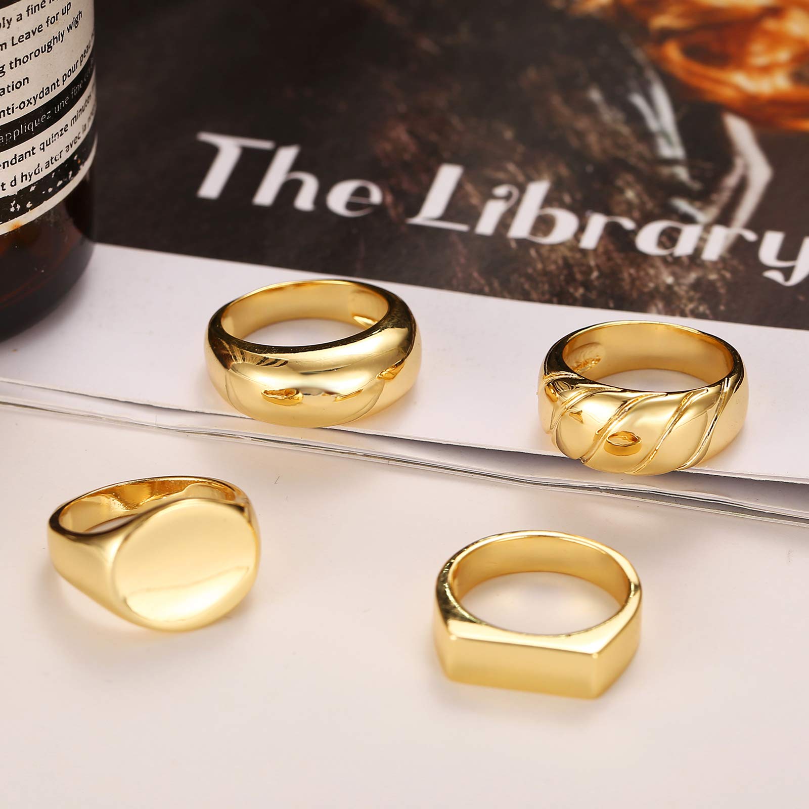 17 MILE 4 PCS Gold Chunky Dome Rings Set for Women/Men, 18K Real Gold Signet Polished Round Stacking Minimalist Ring Size 5-10 (Gold Size 5.75-6)