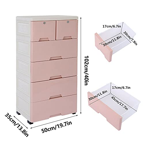 6 Drawer Plastic Dresser Storage Tower, Organizer Unit Stable Cart on Wheels Waterproof Plastic Cabinet with Locked Drawer for Bedroom Apartment (Pink)