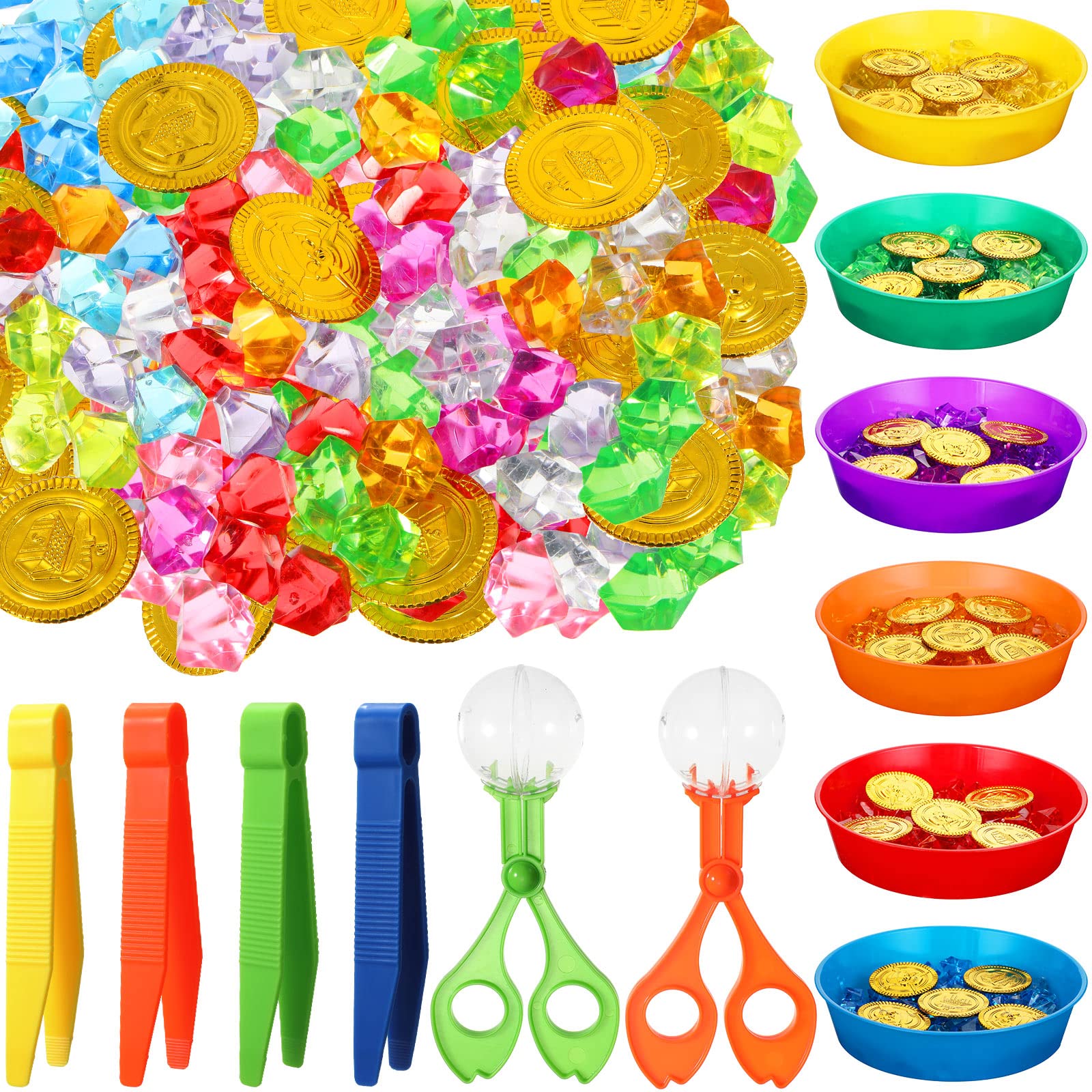 172 Pcs Fine Motor Skills Toys Sensory Bin Filler Including 80 Pcs Pirate Gold Coins 80 Pcs Pirate Gems 6 Pcs Sorting Bowls 2 Pcs Scissors Clip 4 Plastic Tweezers for Education Sorting Counting