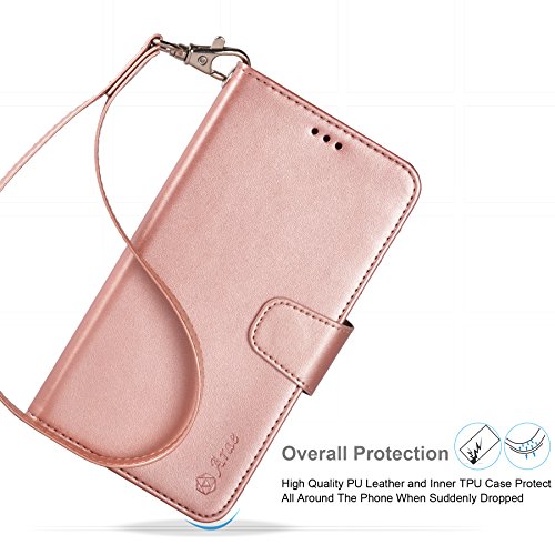 Arae Case for iPhone X/Xs, Premium PU Leather Wallet Case [Wrist Straps] Flip Folio [Kickstand Feature] with ID&Credit Card Pockets for iPhone X (2017) / Xs (2018) 5.8 inch Rose Gold