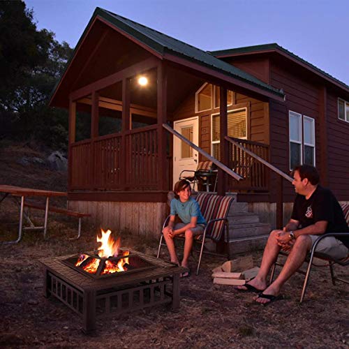 32 Inch Fire Pit Table for Outside Heavy Duty 3 in 1 Metal Square Firepit Table with Spark Screen Cover Log Grate and Poker for Outside Wood Burning and BBQ Drink Cooling