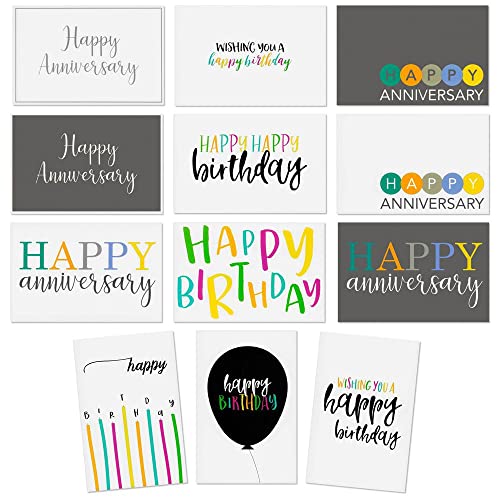 Best Paper Greetings 120 Pack Assorted Birthday and Anniversary Cards with Envelopes for Employees, Birthdays, Milestone Wedding Anniversaries, Blank Design (12 Designs, 4 x 6 Inches)
