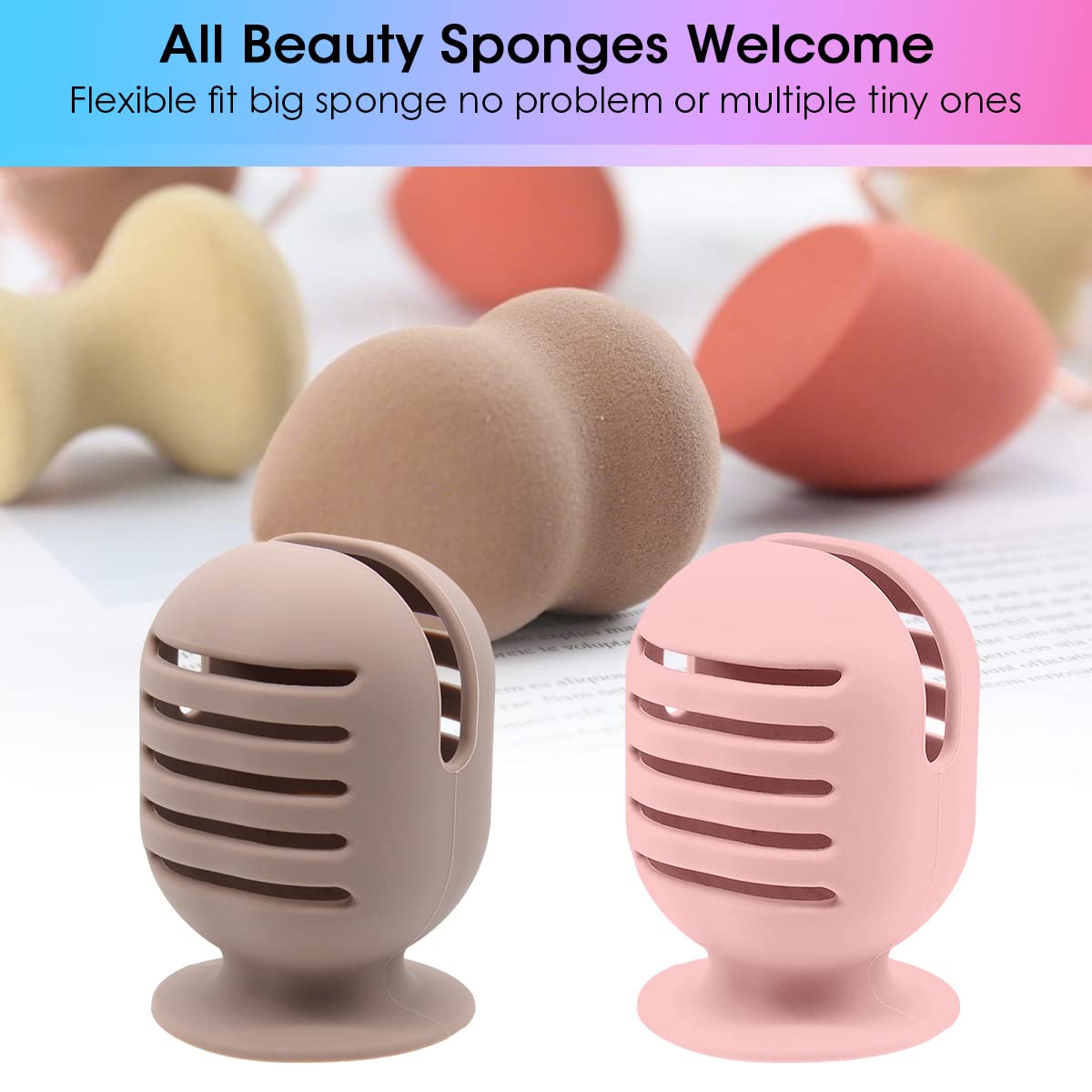 2Pack Makeup Sponge Holder,Silicone Beauty Blender Holder Case for Travel,Suctioned Drying Stand Makeup Sponges Protective Carrying Case Holders Organizer for Makeup Portable Soft-Pink,Khaki
